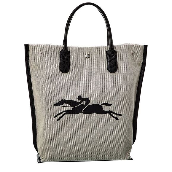 Longchamp | Bags | Longchamp Essential Toile Canvas Leather Tote White ...